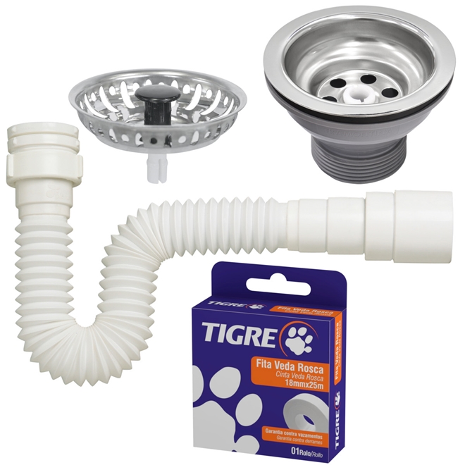 Kit para Instalação de Pias Sifão Ajustável Tigre + Válvula em Inox 3.1 ... Kit para Instalação de Pias Sifão Ajustável Tigre + Válvula em Inox 3.1 ...